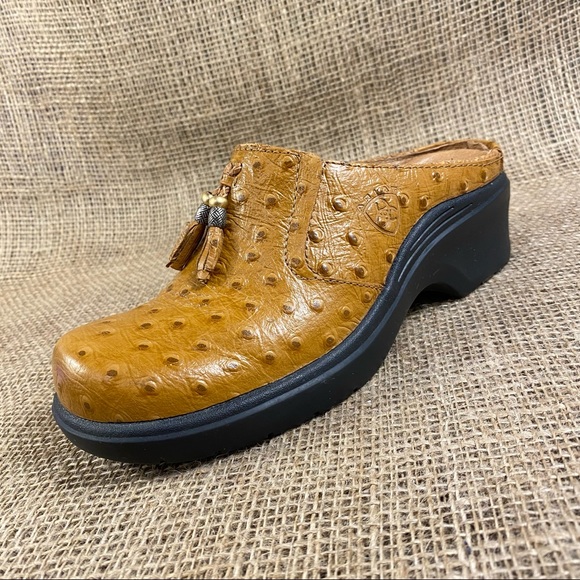 Ariat | Shoes | Ariat Mules Brown Ostrich Leather Slip On Tassel Clogs ...